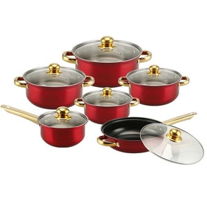 12pc Red Cookware Set, SS Pots, Non Stick Pan, 9.8", 8.6", 8", 7", 6.5 ...