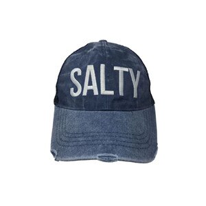 Tate+Zoey Distressed Hat, Blue, Embroidered Salty, Mesh Back Adjustable